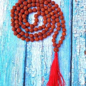 108 Rudraksha 12mm Beads Knotted Japa Mala Red Color Tassel Rudraksha ...