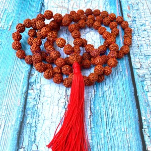 108 Rudraksha 12mm Beads Knotted Japa Mala Red Color Tassel Rudraksha ...