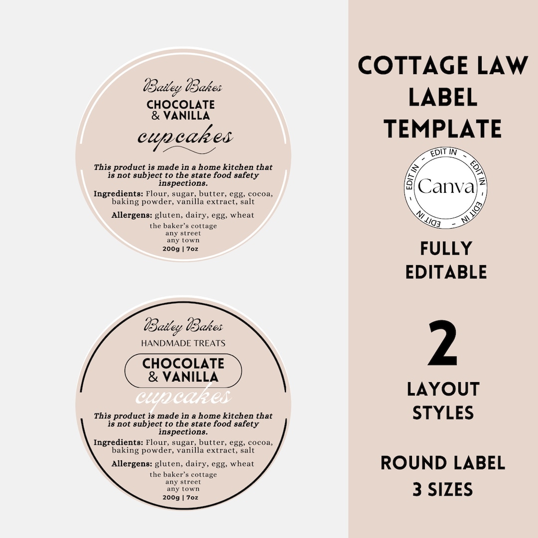 Cottage Law Food Label Template, Editable Round Label, Customizable ...