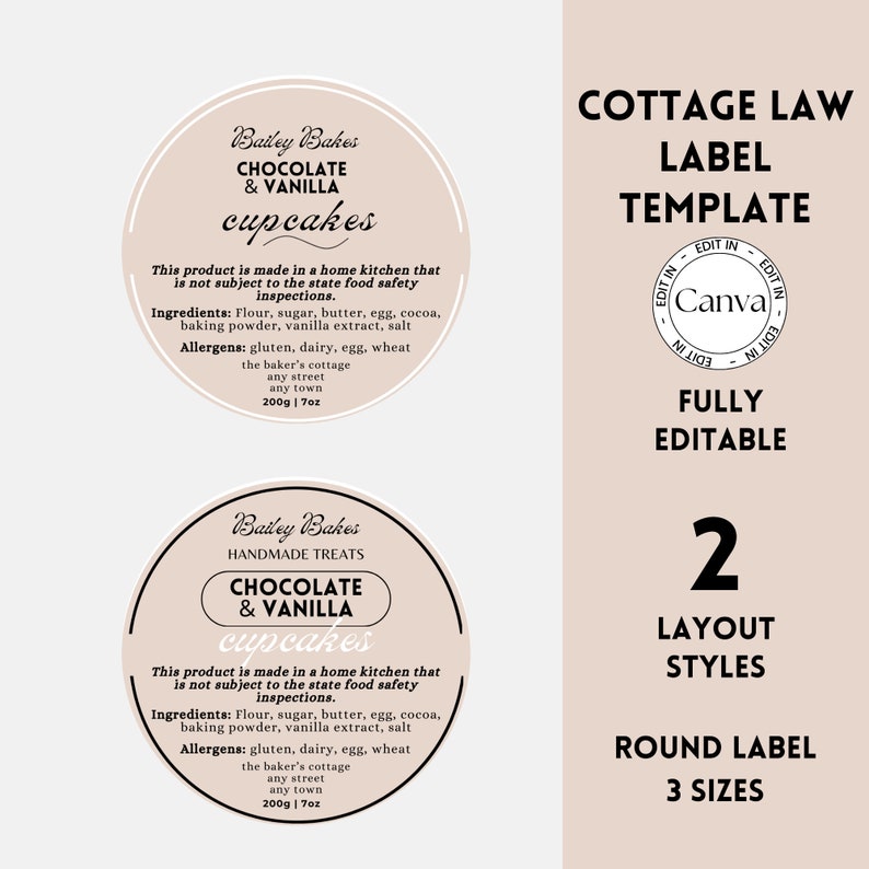 Cottage Law Food Label Template, Editable Round Label, Customizable ...