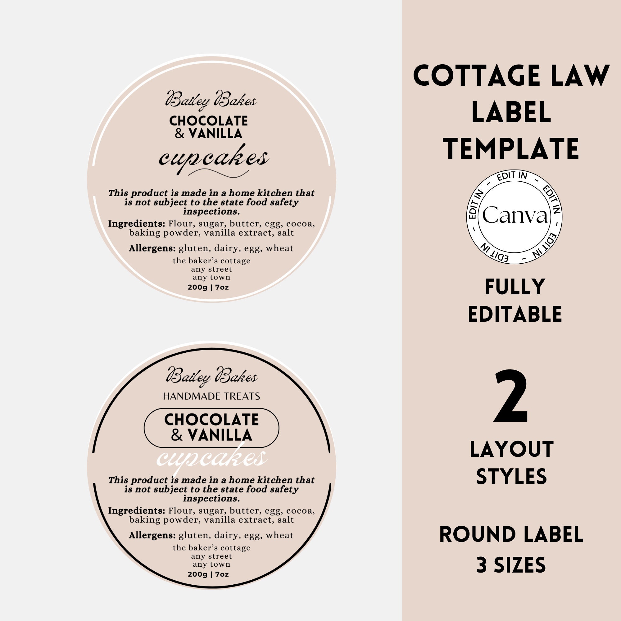 Cottage Law Food Label Template, Editable Round Label, Customizable ...