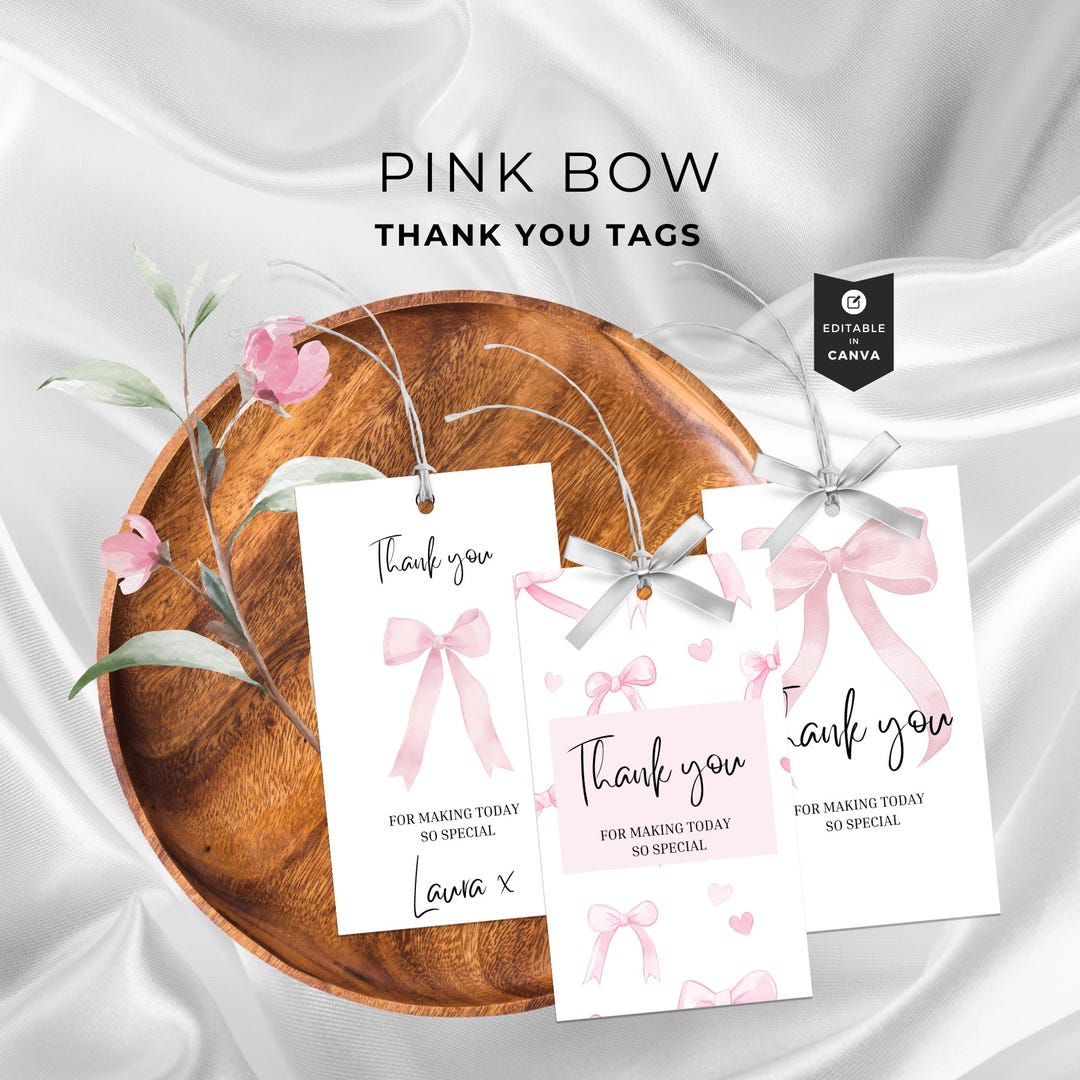 Customizable Pink Bow Coquette Gift Tags, Pink Bow Bridal Shower Gift ...