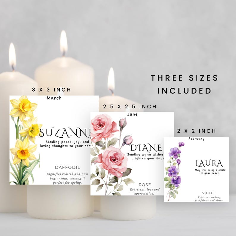 Birth Flower Candle Label Bundle, January to December Editable Floral ...