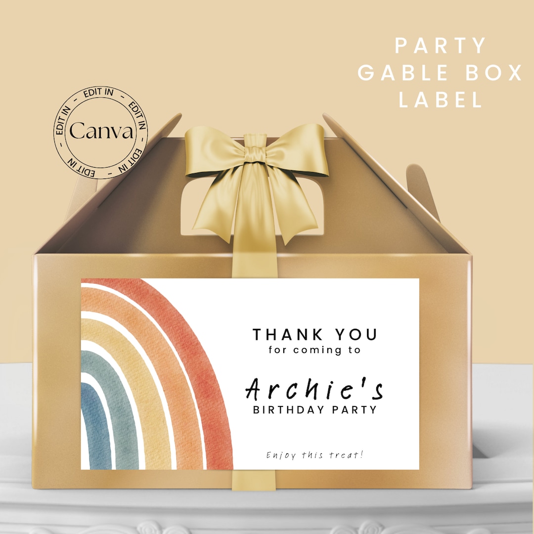 Rainbow Party Gable Box Label Printable, EDITABLE Rainbow Party Favor ...