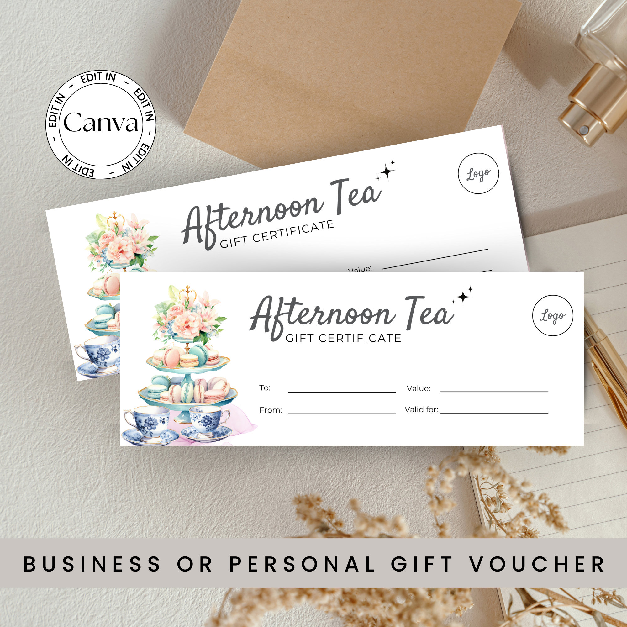 Printable Afternoon Tea Gift Voucher, Editable Gift for Her ...