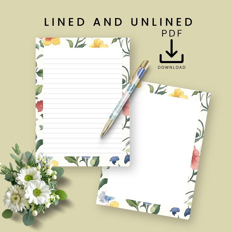Printable Writing Paper, Digital Notepaper, Minimalist, Floral Journal ...