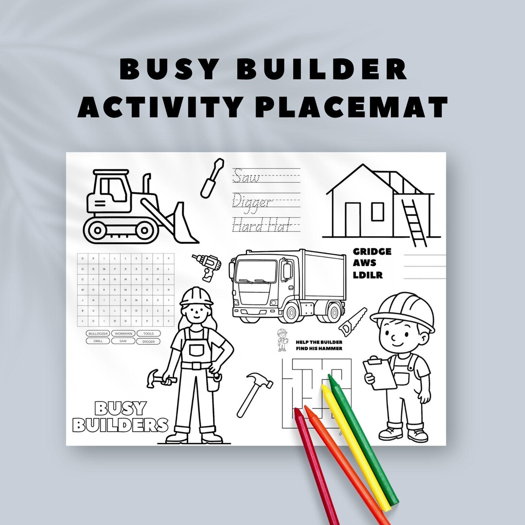 Builder Placemat for Kids to Color, Builder Coloring and Puzzle ...