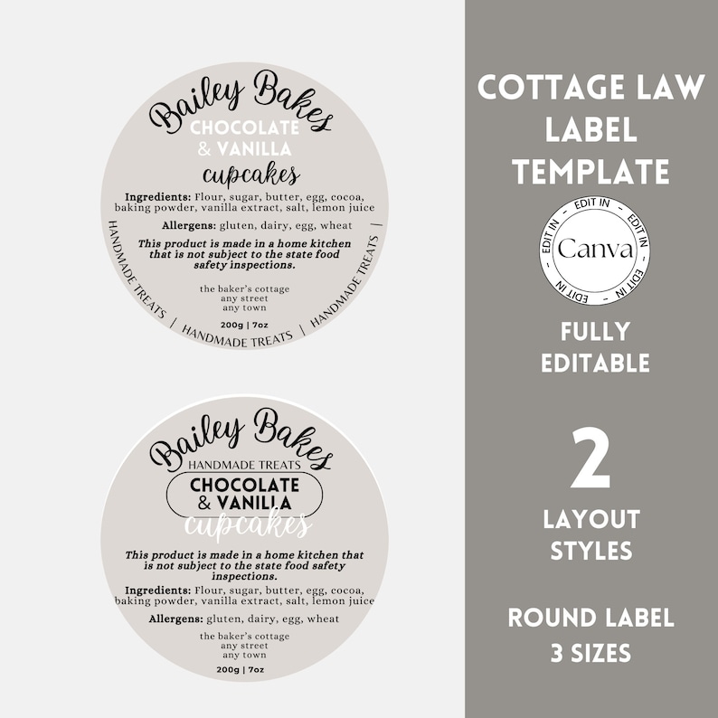 Cottage Law Food Label Template, Editable Round Label, Customizable ...