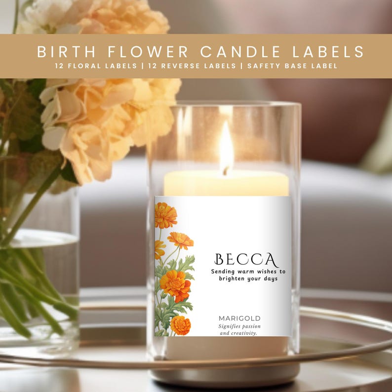 Birth Flower Candle Label Bundle, January to December Editable Floral ...