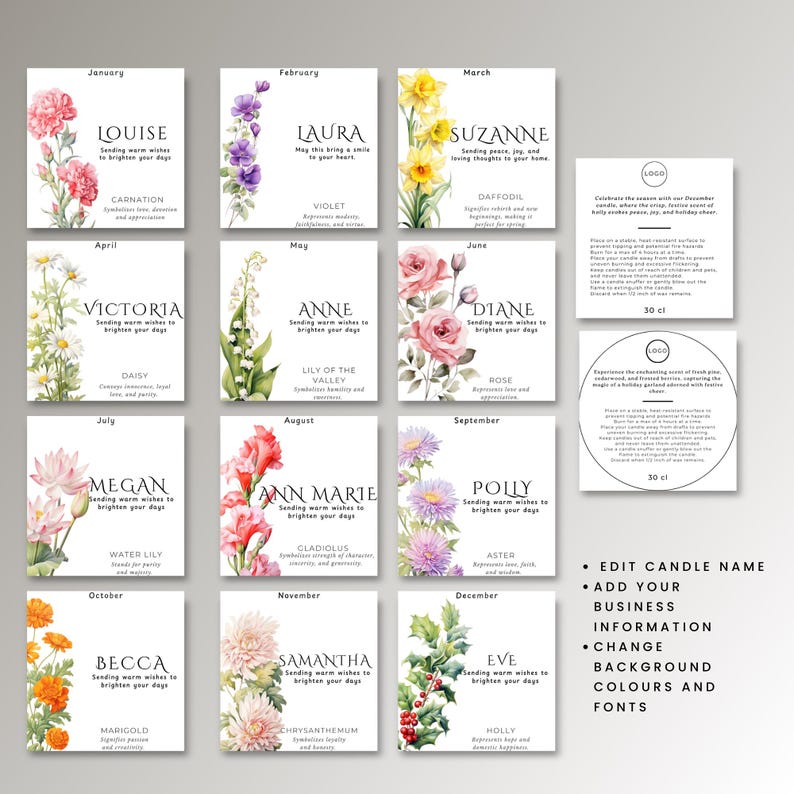 Birth Flower Candle Label Bundle, January to December Editable Floral ...