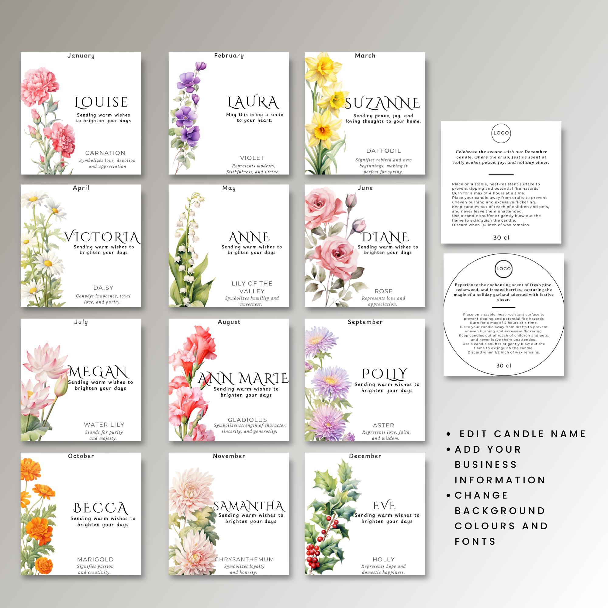Birth Flower Candle Label Bundle, January to December Editable Floral ...