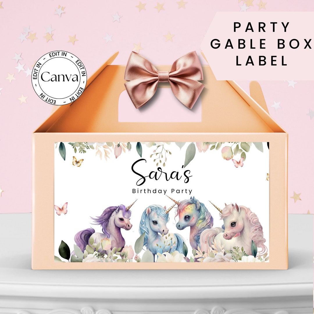 Unicorn Party Gable Box Label Printable, EDITABLE Unicorn Party Favor ...