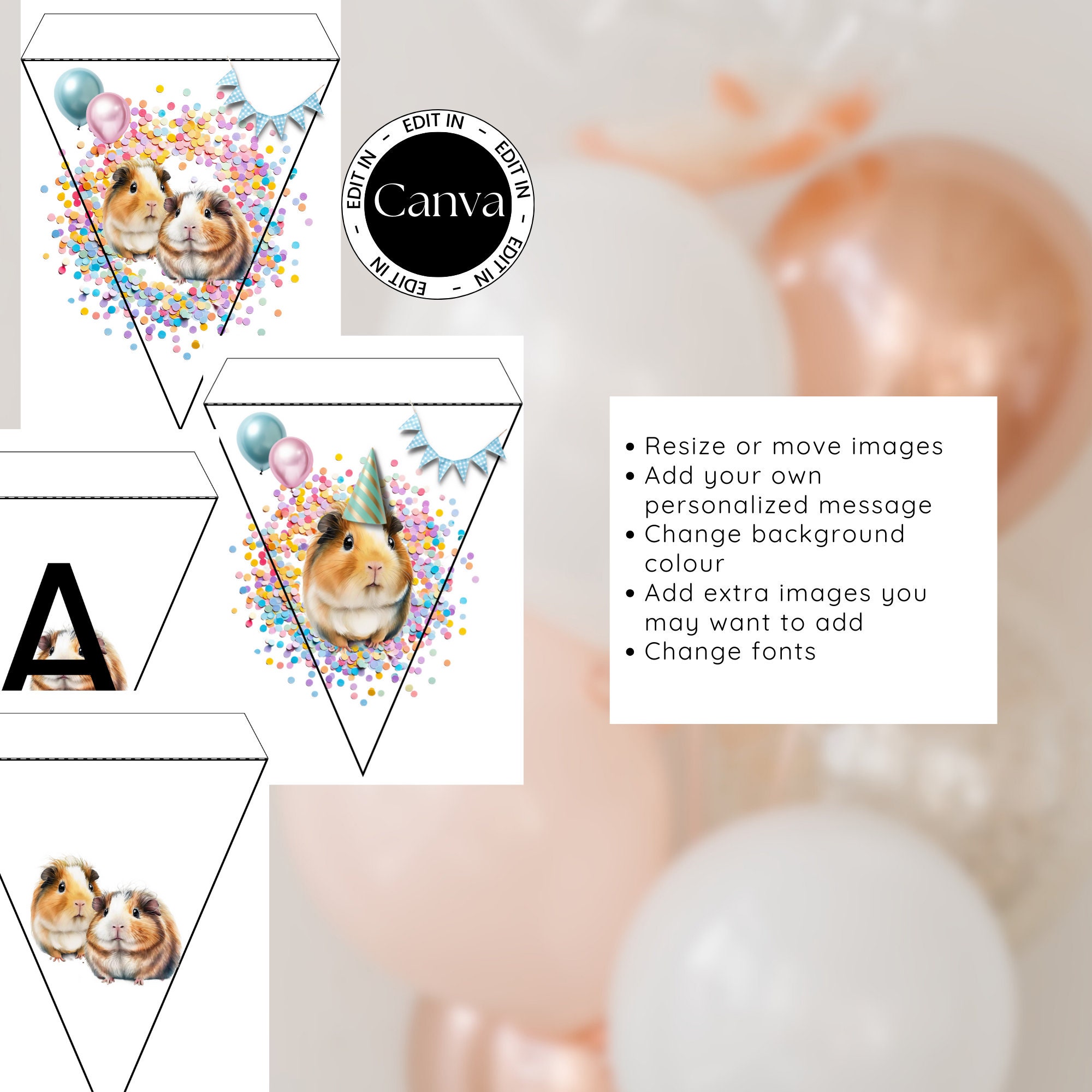 Guinea Pig Editable Party Bunting Mockup, Customizable Kids Party Decor ...