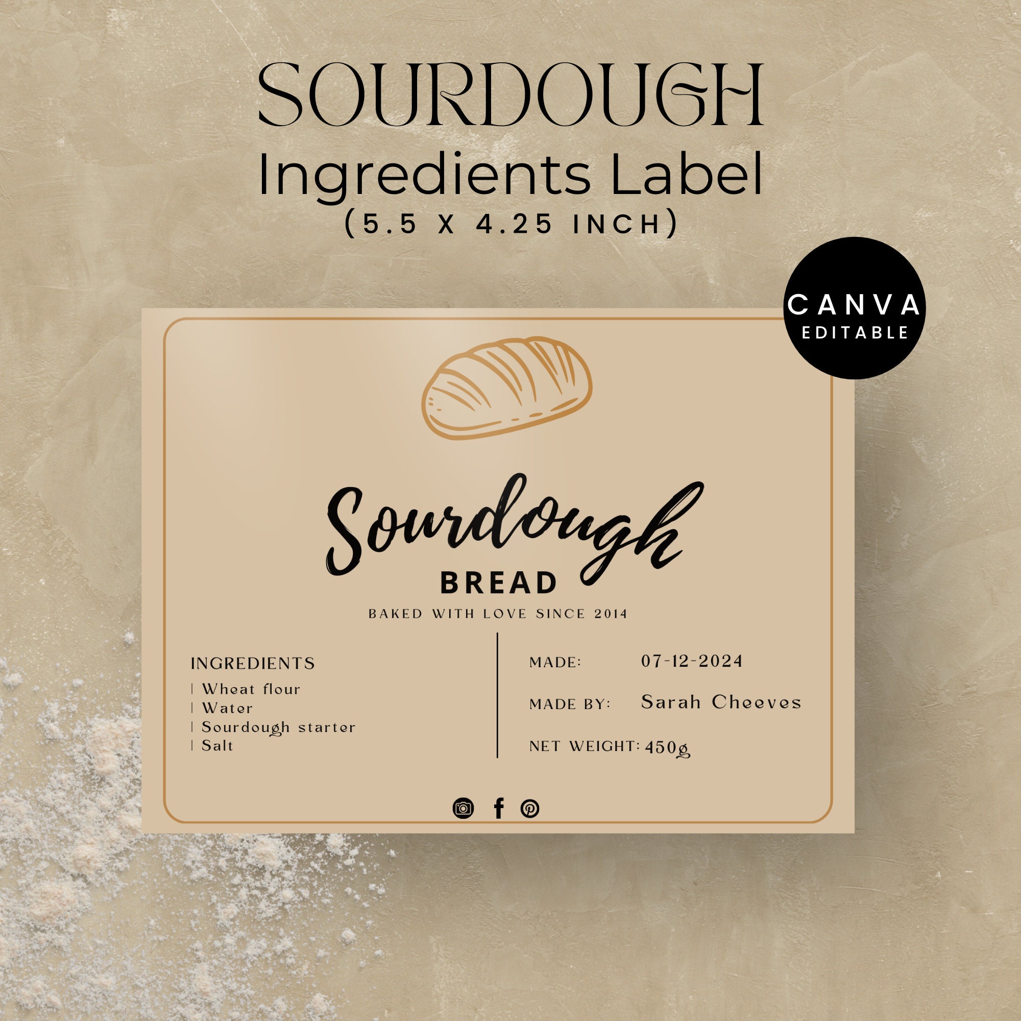 Sourdough Ingredients Label, Editable Sourdough Bread Label, Custom ...