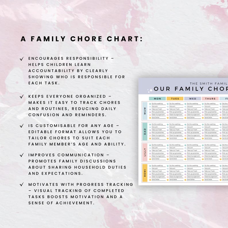 Editable Family Chore Chart, Weekly Kids Chore List, Responsibility ...