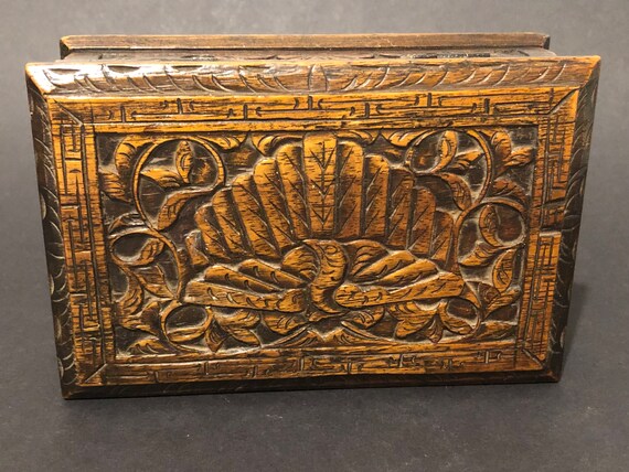 Hand carved Peacock wooden box with scroll design on … - Gem