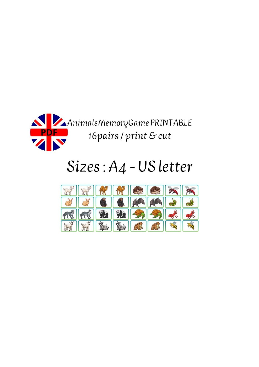 Animals Memory Card Printable A4 Format, Usletter PDF Memory Game ...