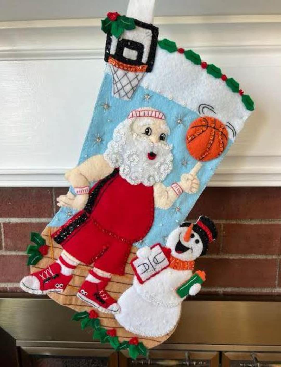 18" - Merrystockings Basketball Red Team Santa Finished Felt Stocking ...
