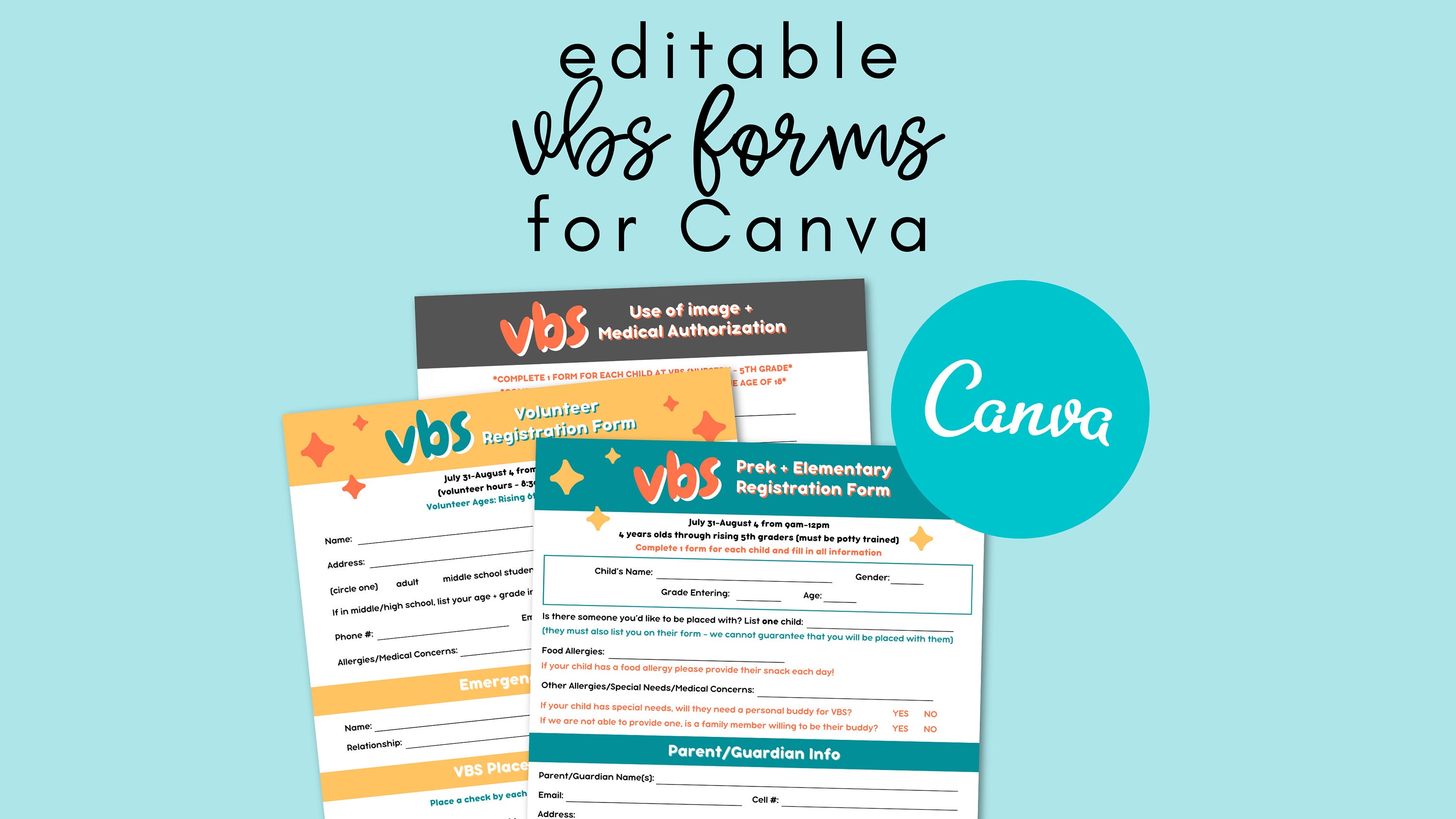 VBS Forms, Editable Canva Template, Digital Download, Volunteer Sign up ...