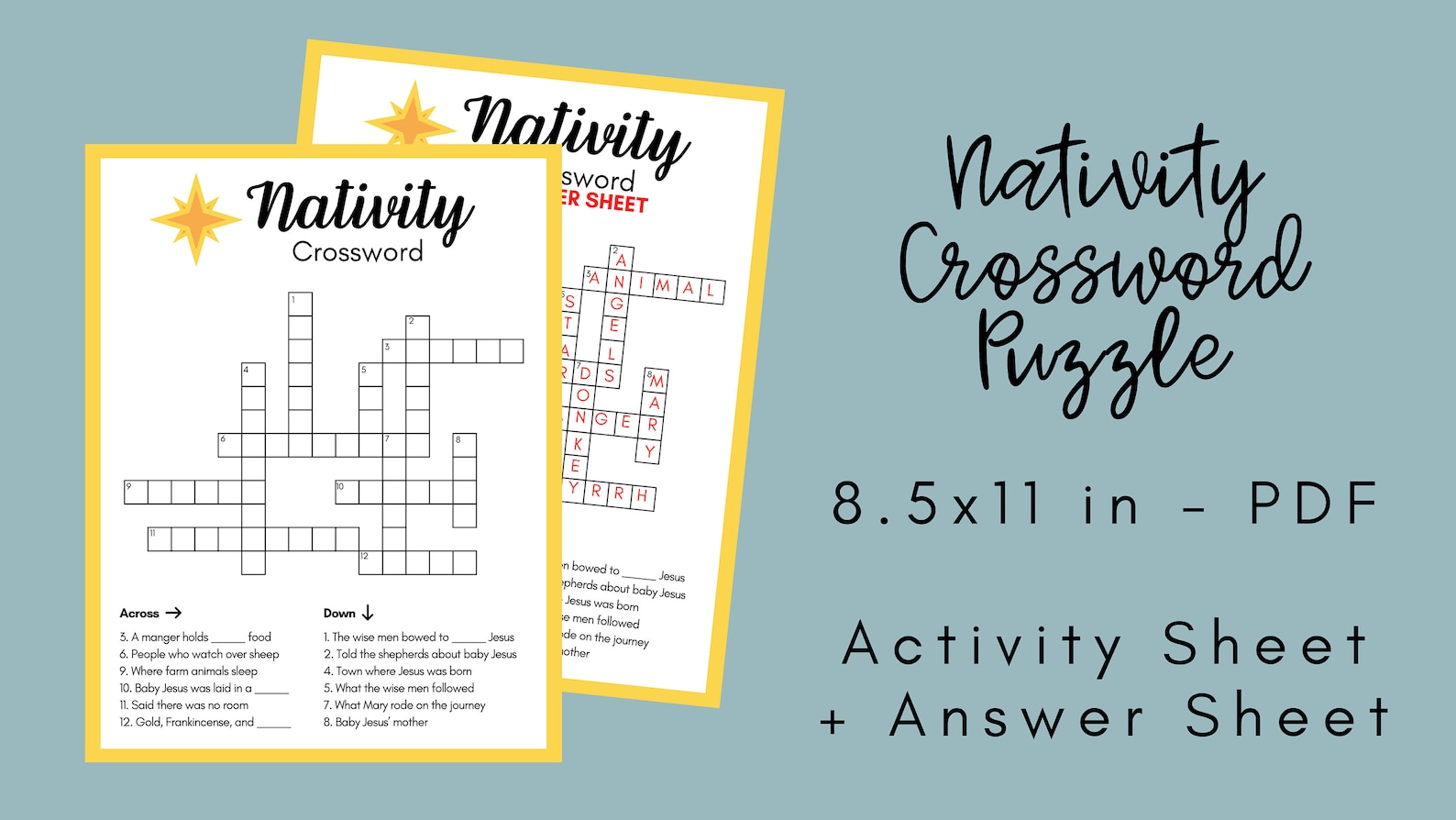 Nativity Crossword Puzzle, Christmas Activity Sheets, Kids Printable ...