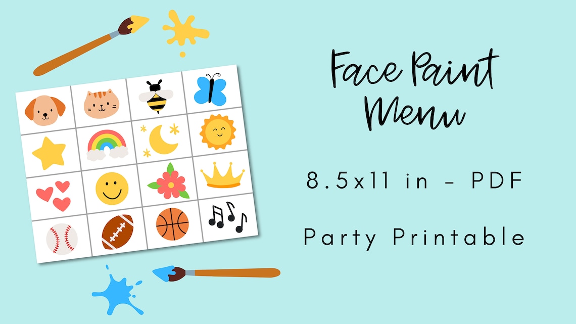 Face Paint Menu, Face Painting Design, Party Printable, Party Activity ...