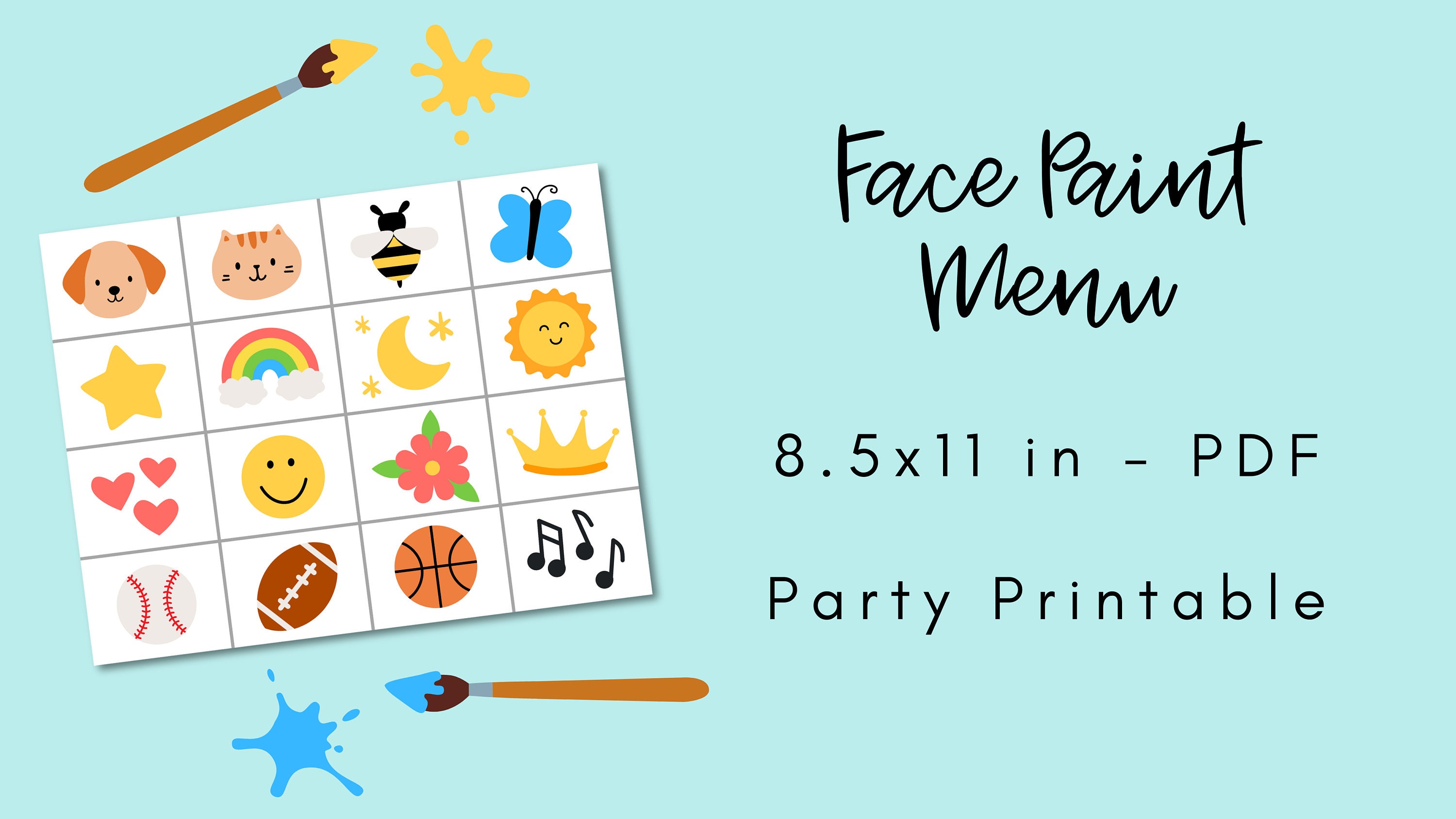 Face Paint Menu, Face Painting Design, Party Printable, Party Activity ...