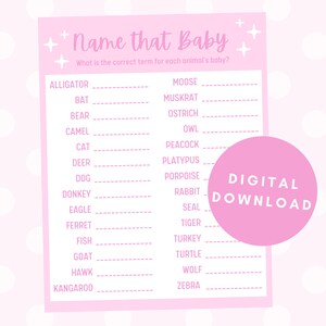 Name That Baby Animal Game, Pink Baby Shower Game, Baby Shower Game ...