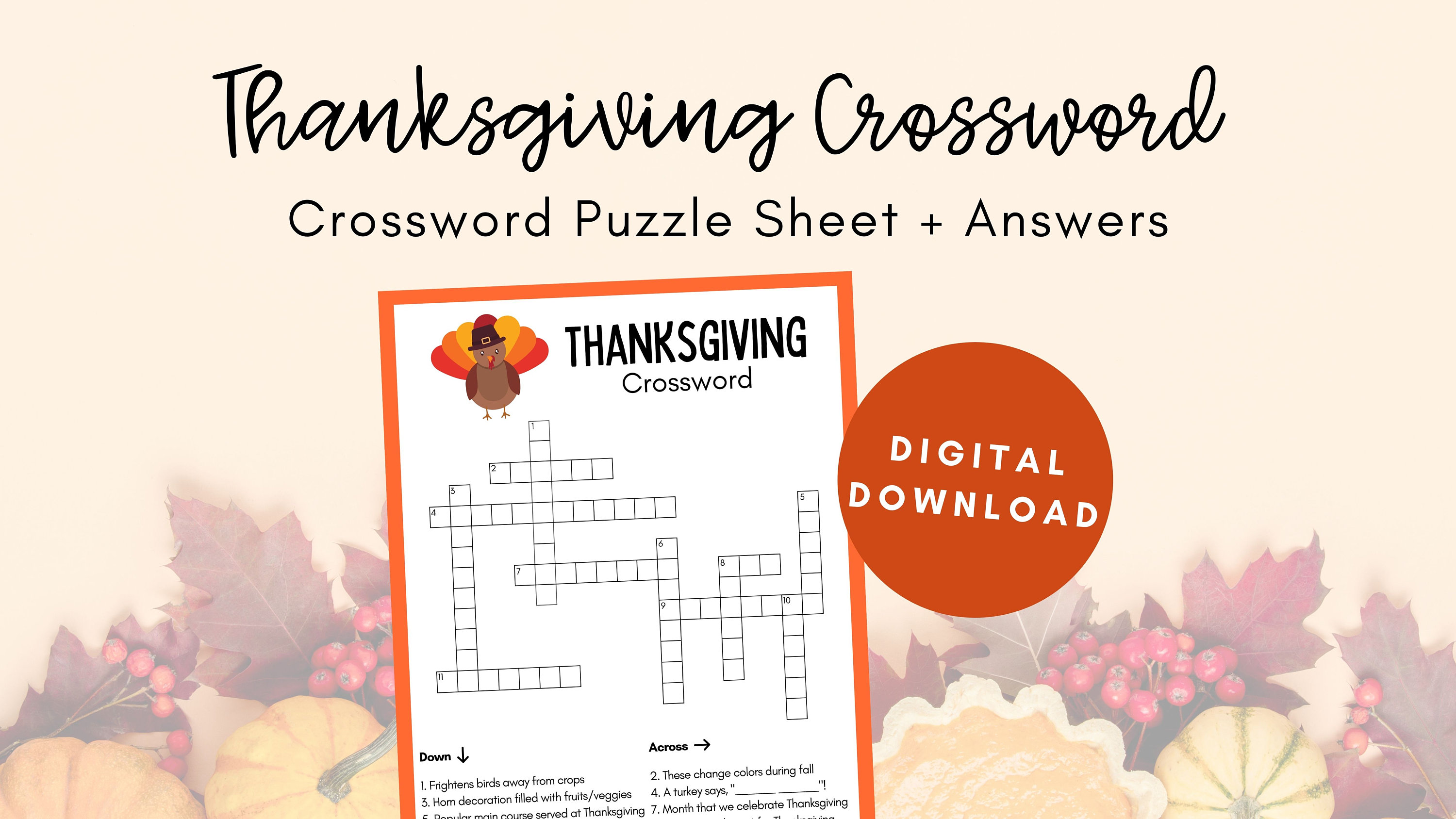 Thanksgiving Crossword Puzzle, Thanksgiving Activity Sheet, Kids ...