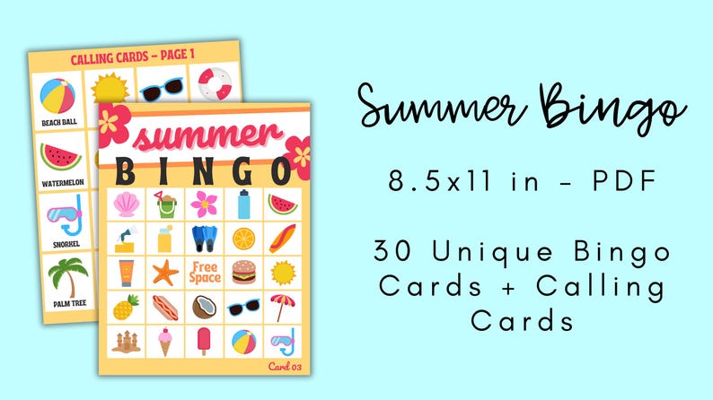 Summer Bingo Printable, Bingo Cards Printable, Summer Bingo Kids ...