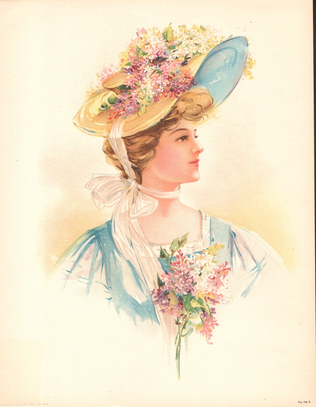1908 Original American Lithograph Beauty Flower Hat A - Etsy