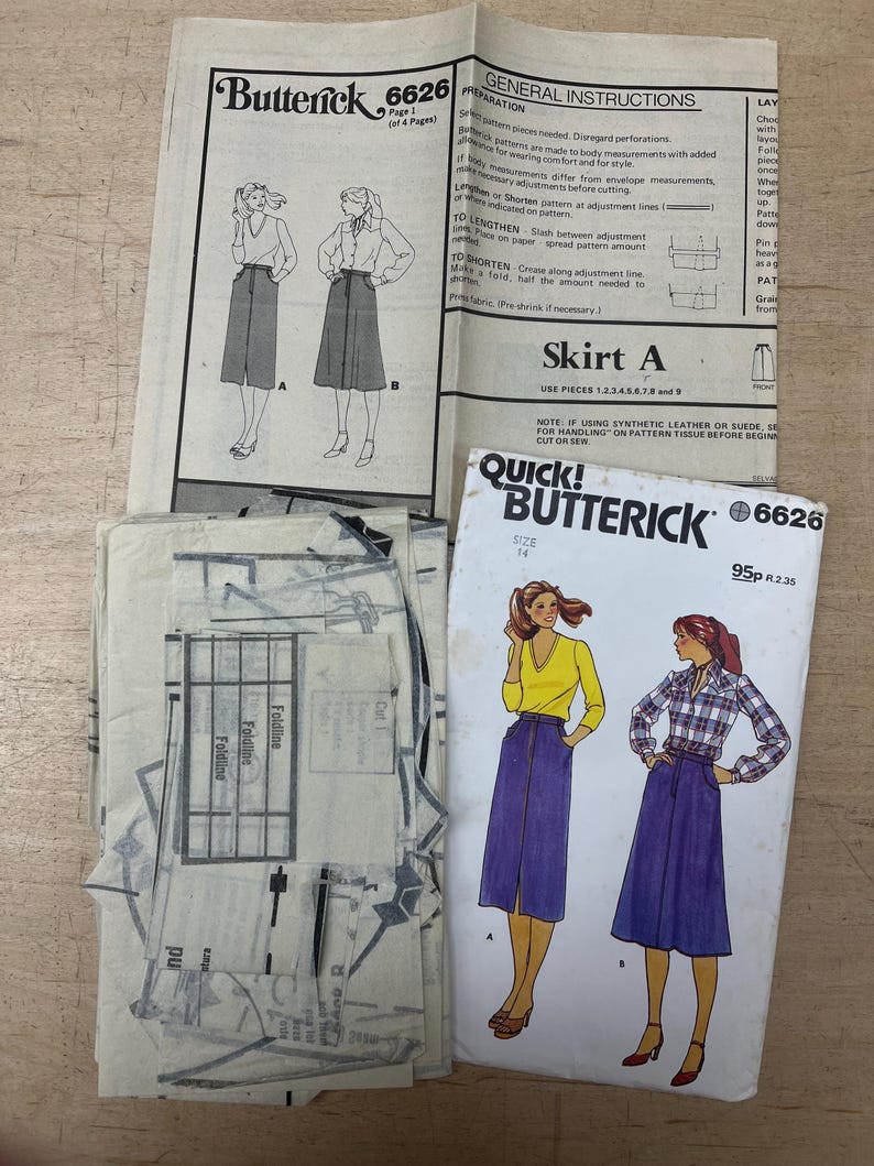 Butterick 6626 Vintage Sewing Pattern Size 14 Skirt, Straight or A Line ...