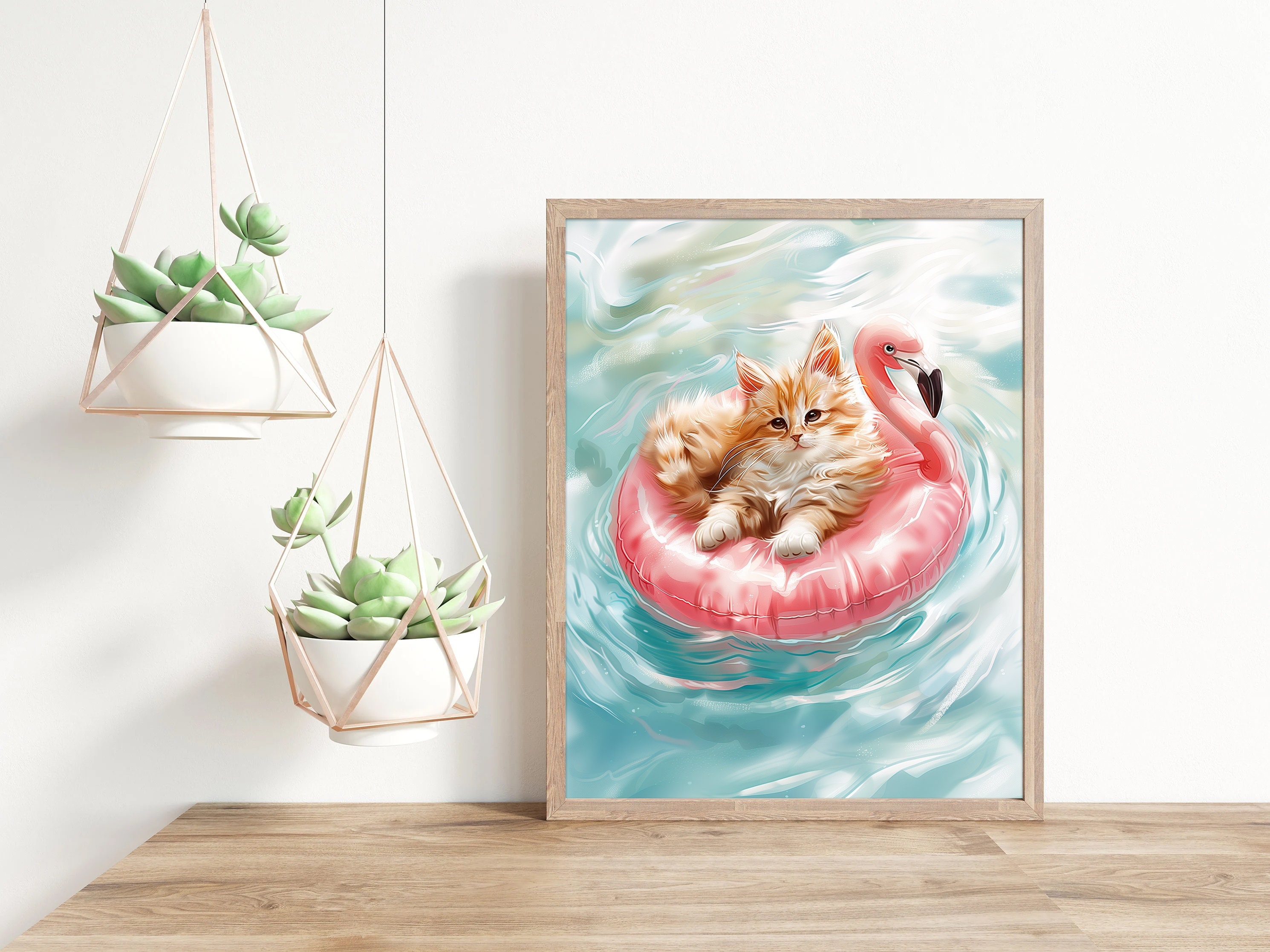 Orange Cat in the Pool Floatie Art Print Painting Framed Funny Cute ...