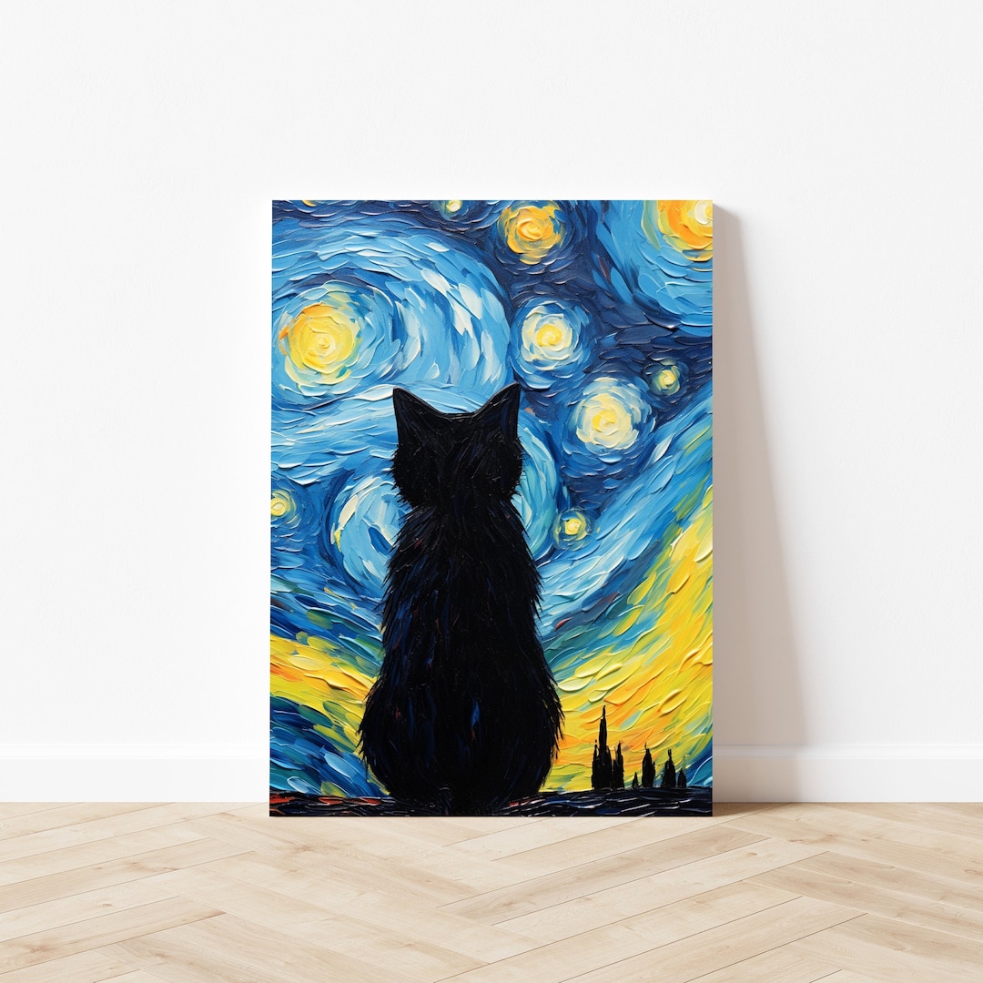 Vincent Van Gogh the Starry Night Black Cat Art Print Famous Painting ...