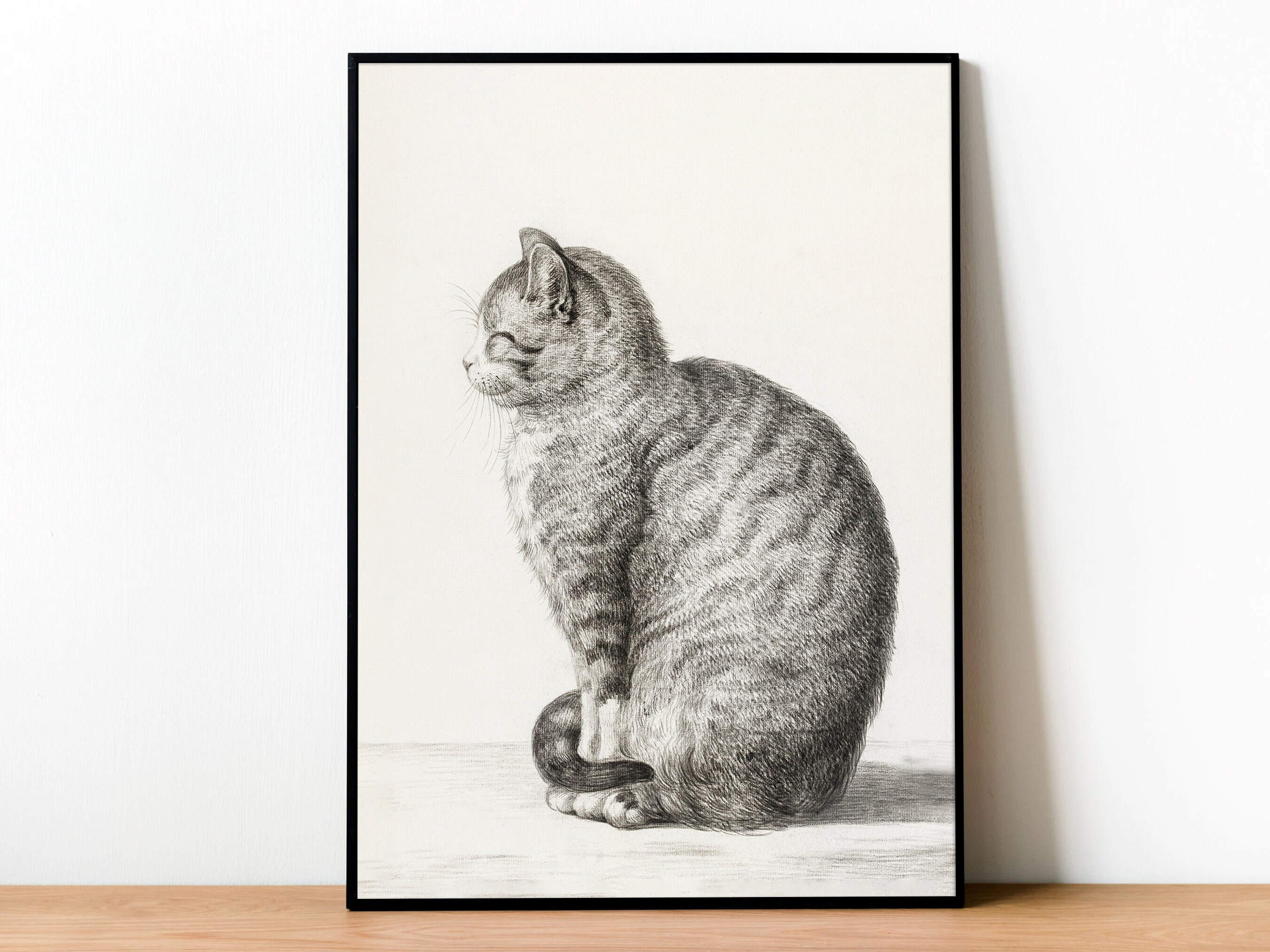 Cat Pencil Drawing Print Vintage Kitten Sketch Painting Framed Cat Mom ...