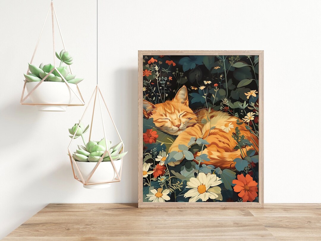 Orange Cat Sleeping Art Print Painting Framed Funny Cute Kitty Ginger ...