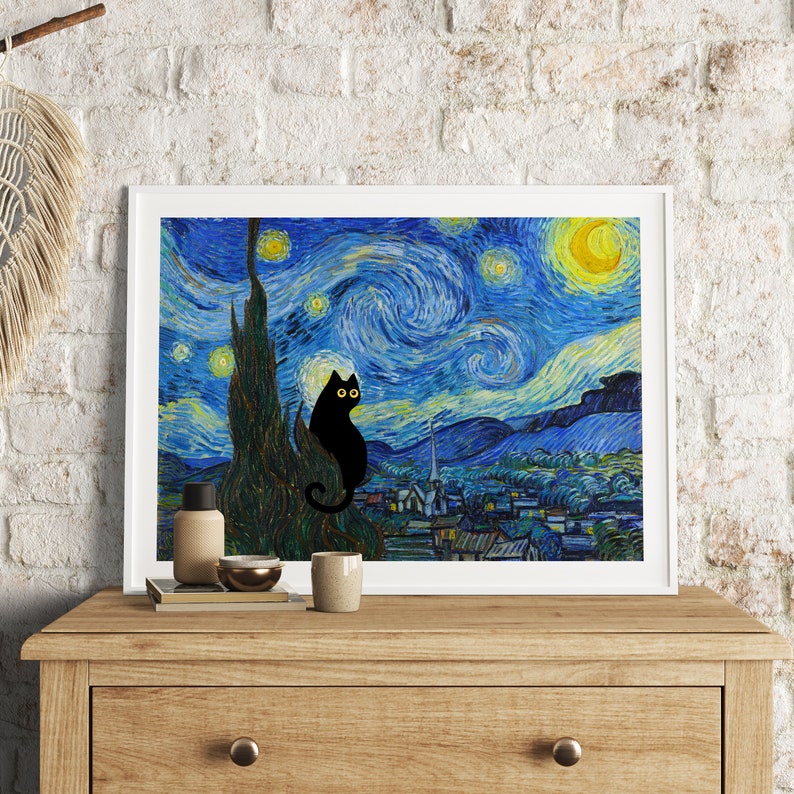 Vincent Van Gogh the Starry Night Black Cat Famous Painting Art Print ...