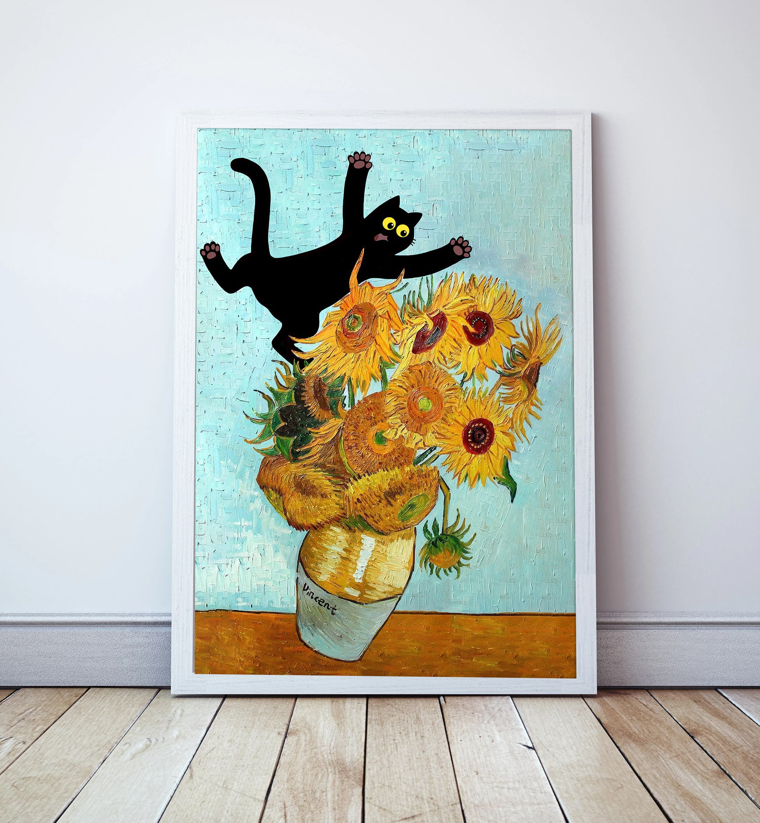 Black Cat Sunflowers Art Vincent Van Gogh Print Famous Painting Frame ...
