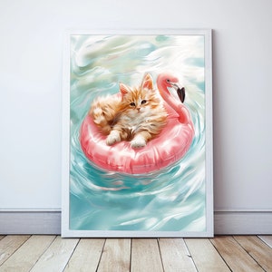 Orange Cat in the Pool Floatie Art Print Painting Framed Funny Cute ...