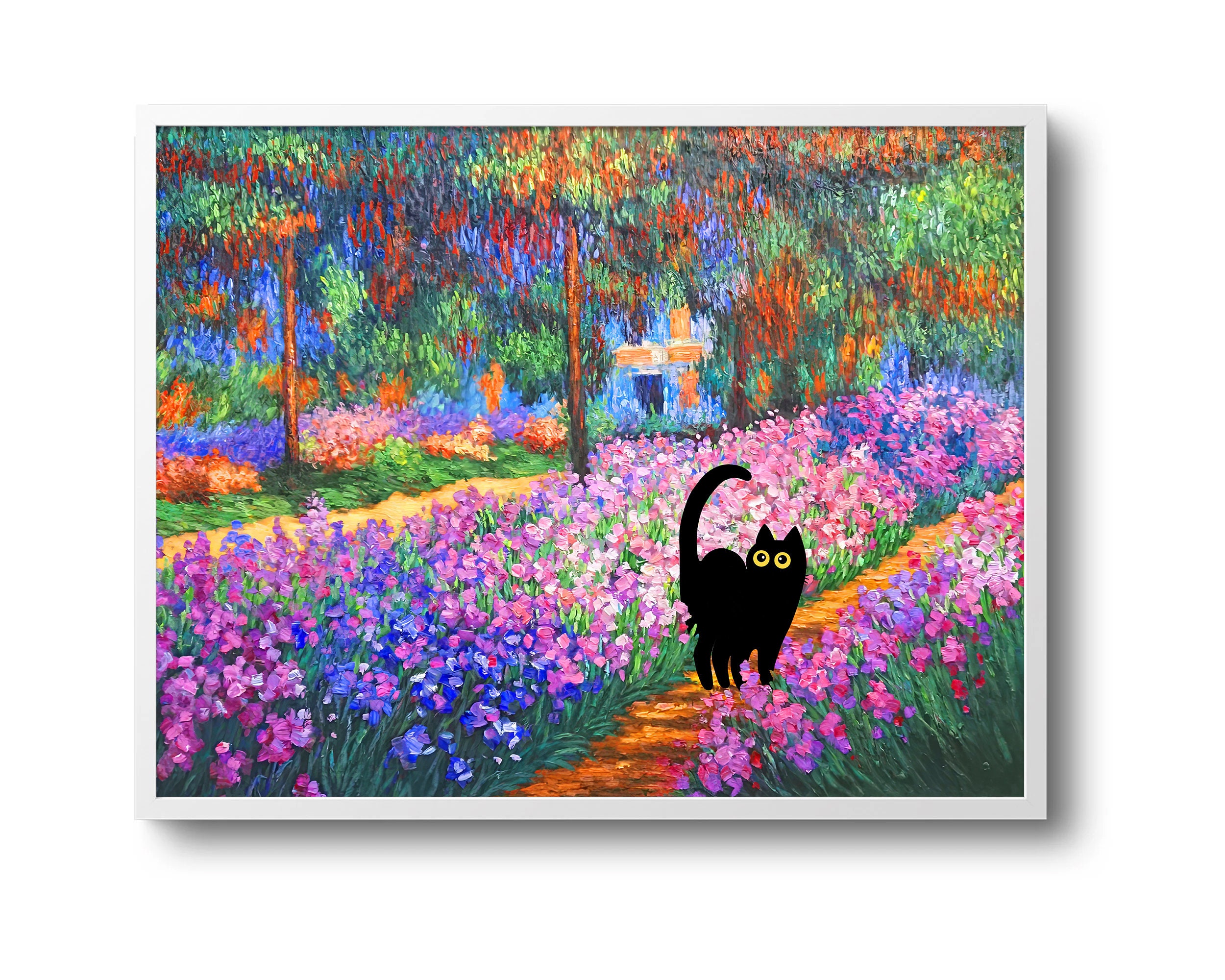 Claude Monet Black Cat Flowers Garden Print Famous Painting Framed ...