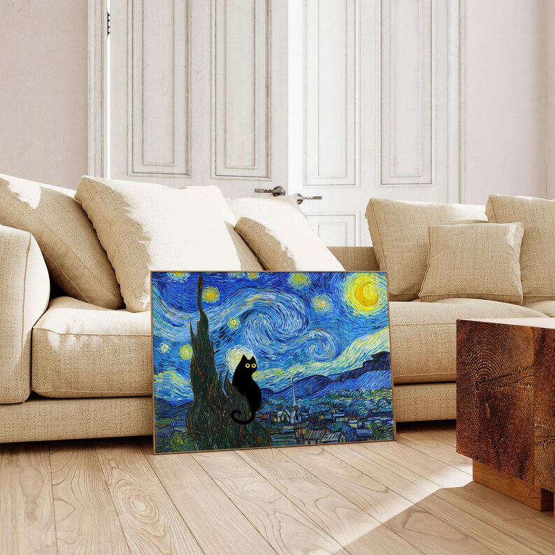 Vincent Van Gogh the Starry Night Black Cat Famous Painting Art Print ...