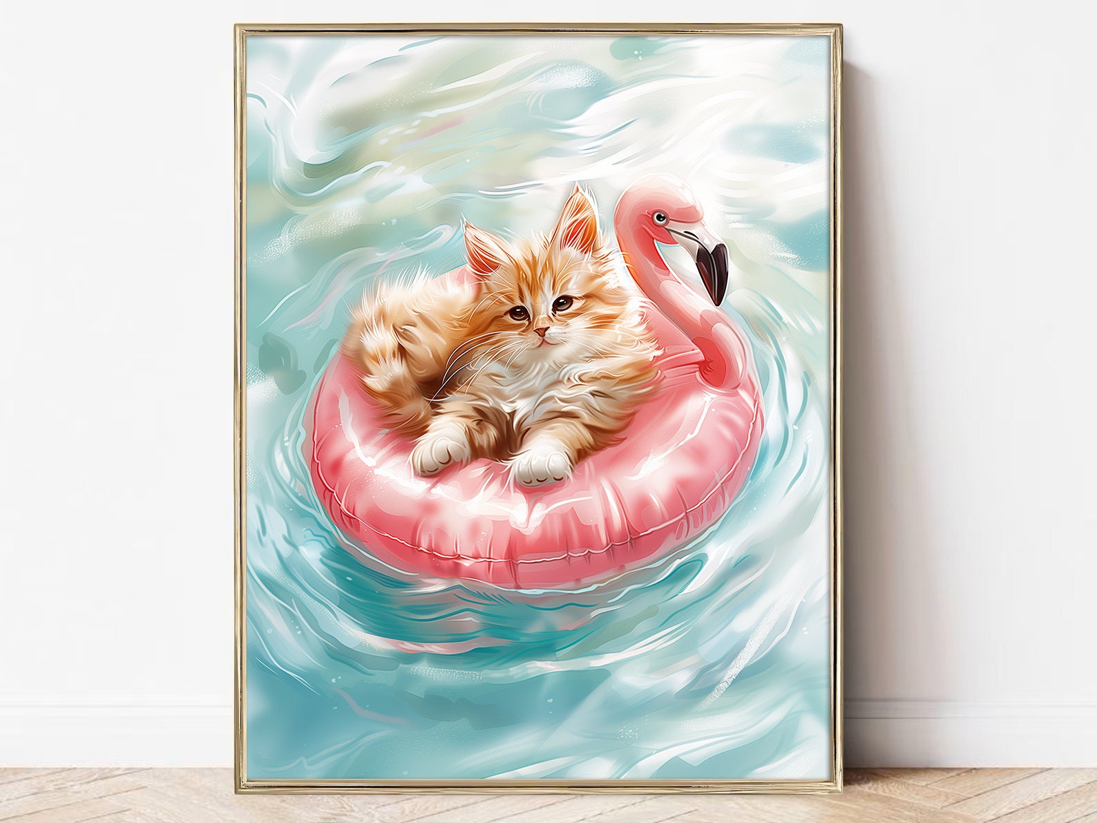 Orange Cat in the Pool Floatie Art Print Painting Framed Funny Cute ...