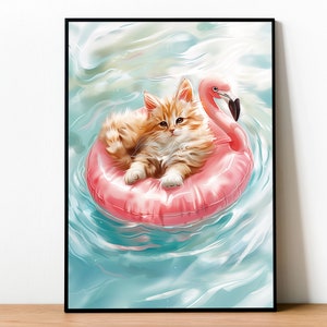 Orange Cat in the Pool Floatie Art Print Painting Framed Funny Cute ...