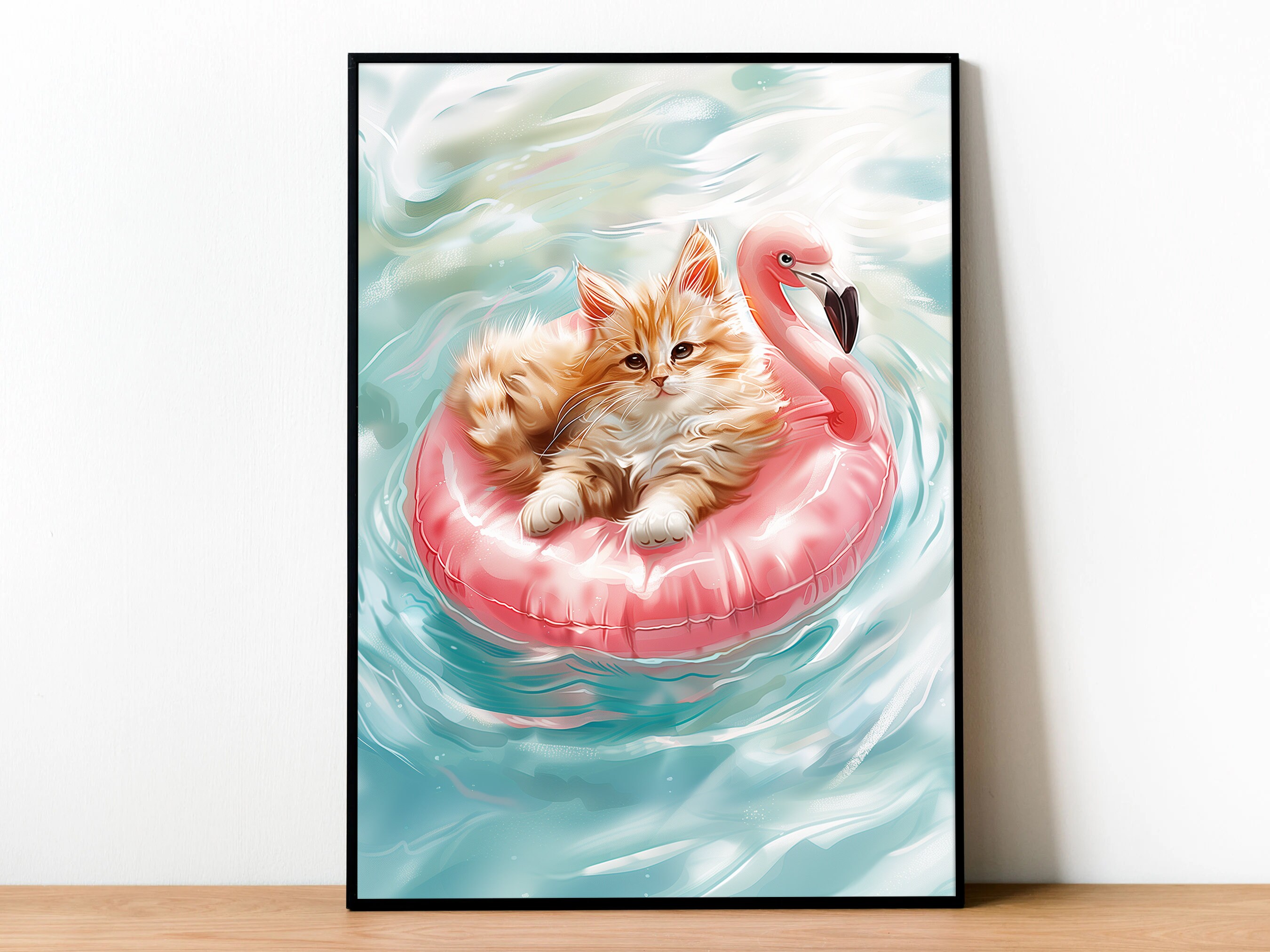 Orange Cat in the Pool Floatie Art Print Painting Framed Funny Cute ...