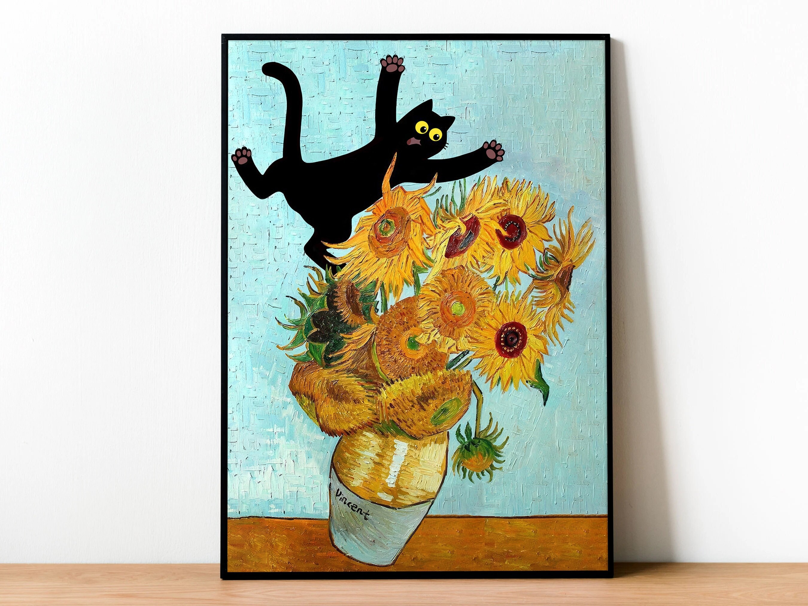 Black Cat Sunflowers Art Vincent Van Gogh Print Famous Painting Frame ...