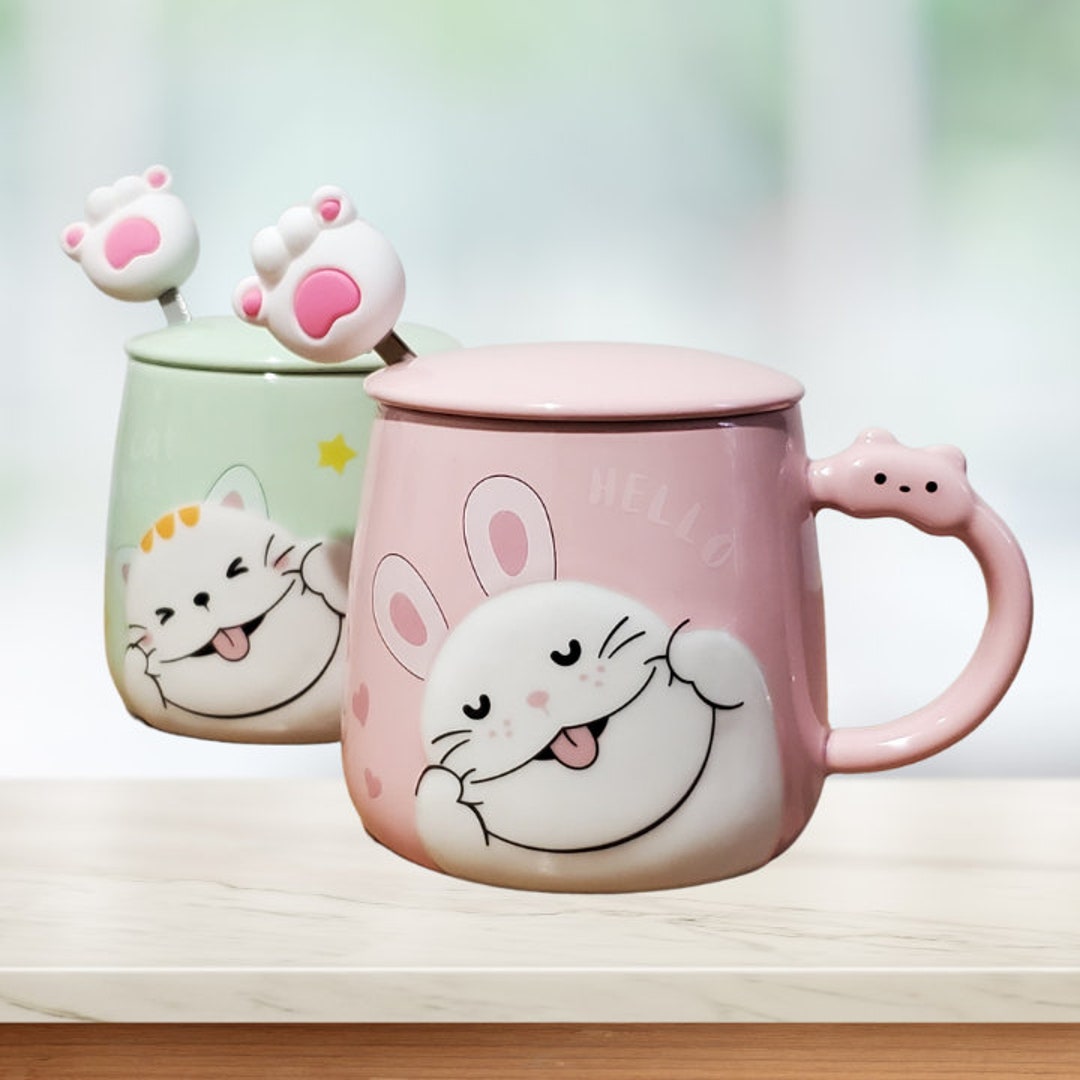 Cute Ceramic Mug With Lid and Spoon - Etsy