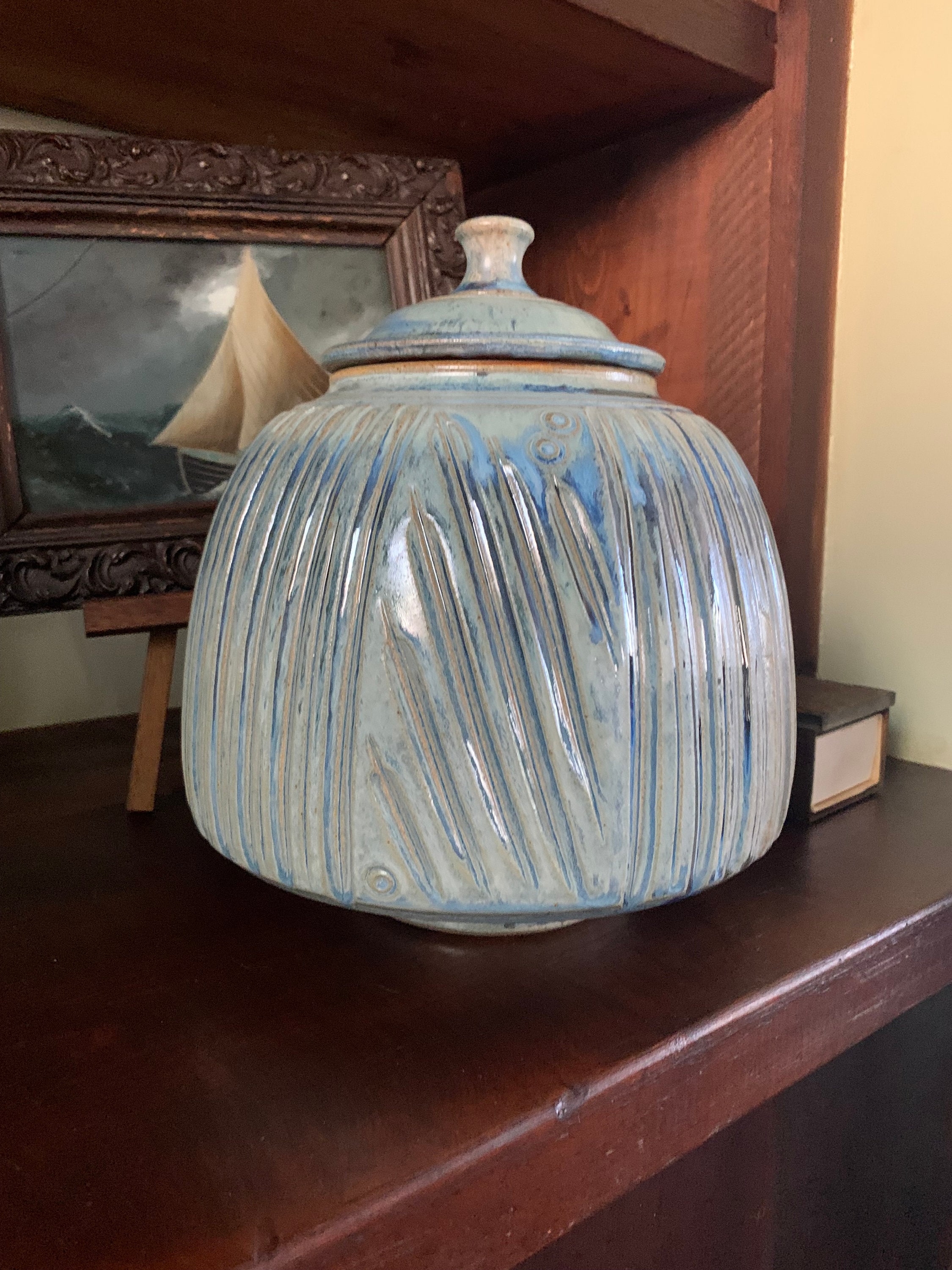 Wheel-thrown Wood-fired Blue Pottery Covered Urn 9 5/8x8 1/2 Opening 3 ...