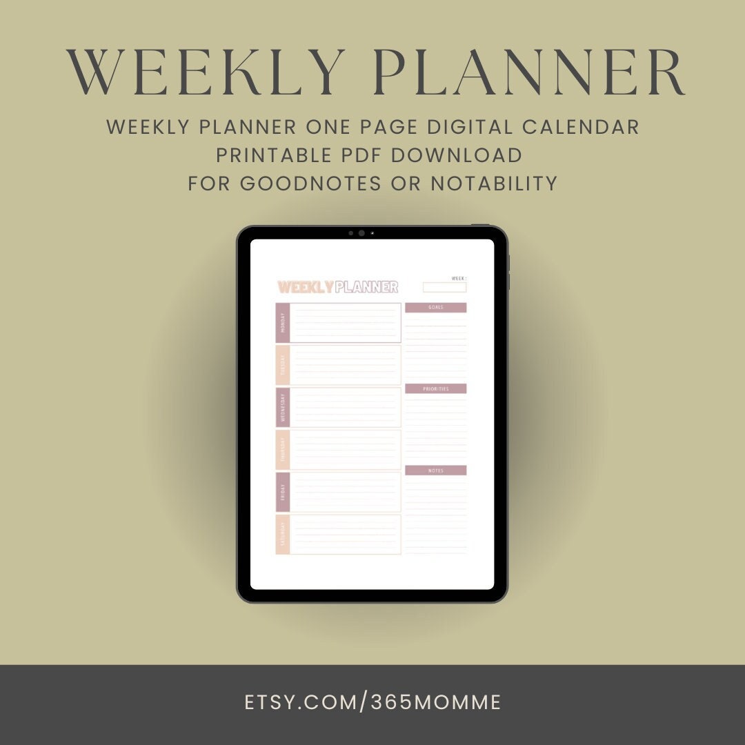 Weekly Planner One Page Digital Calendar Printable PDF Download for ...