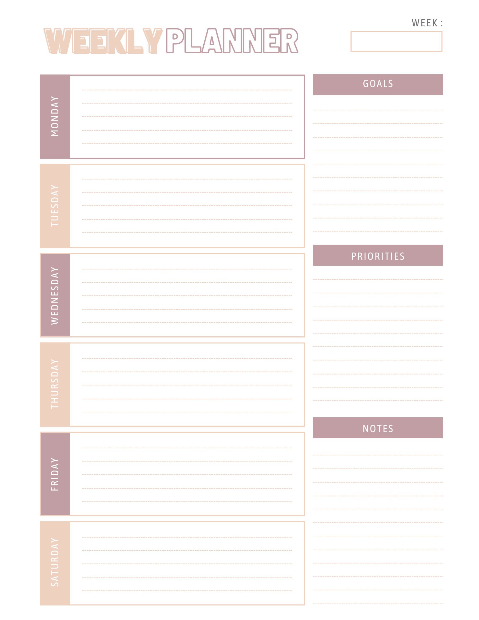 Weekly Planner One Page Digital Calendar Printable PDF - Etsy