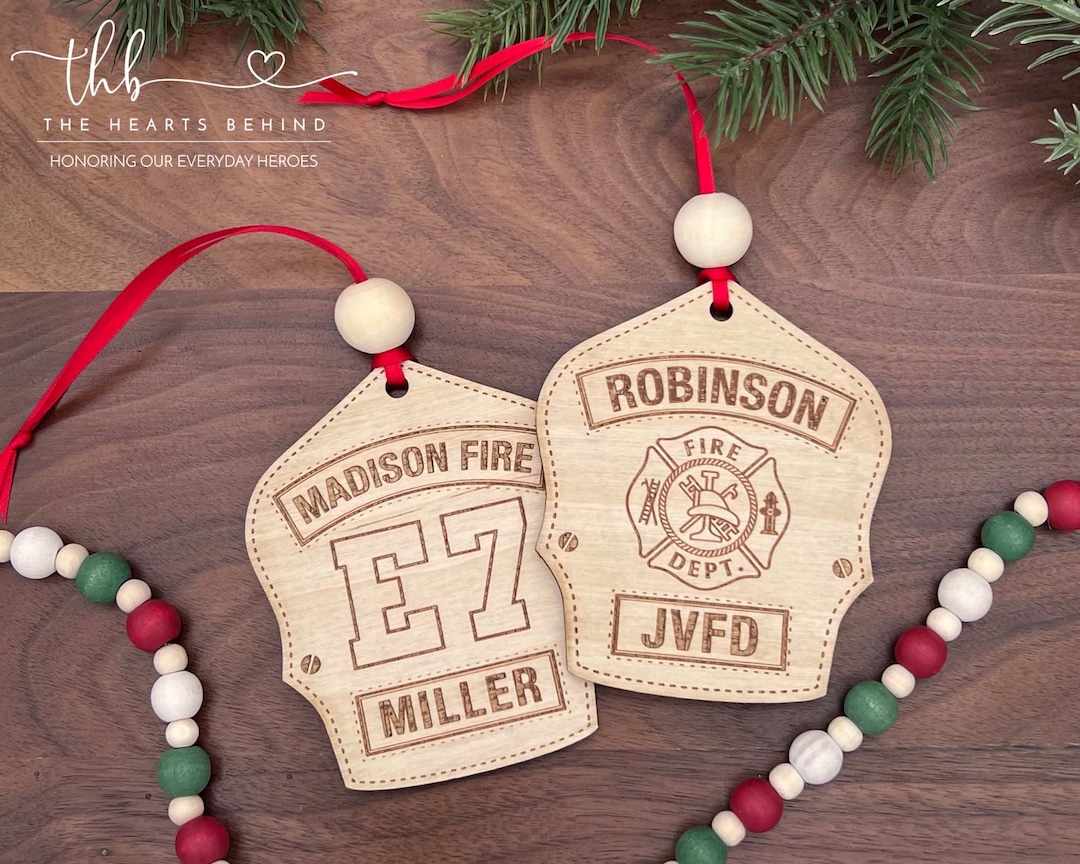 Fire Fighter Helmet Shield Engraved Wood Christmas Ornament ...