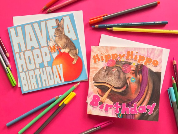 2 Funny Animal Birthday Cards Illustrated Card Pack Set of - Etsy